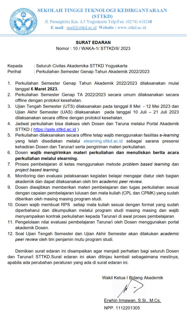 Surat Edaran Perkuliahan Semester Genap Tahun Akademik 2022/2023 - TEKNIK DIRGANTARA STTKD